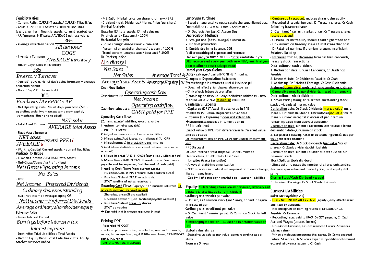ACC Finals Cheatsheet - Liquidity Ratios - Current Ratio: CURRENT ...