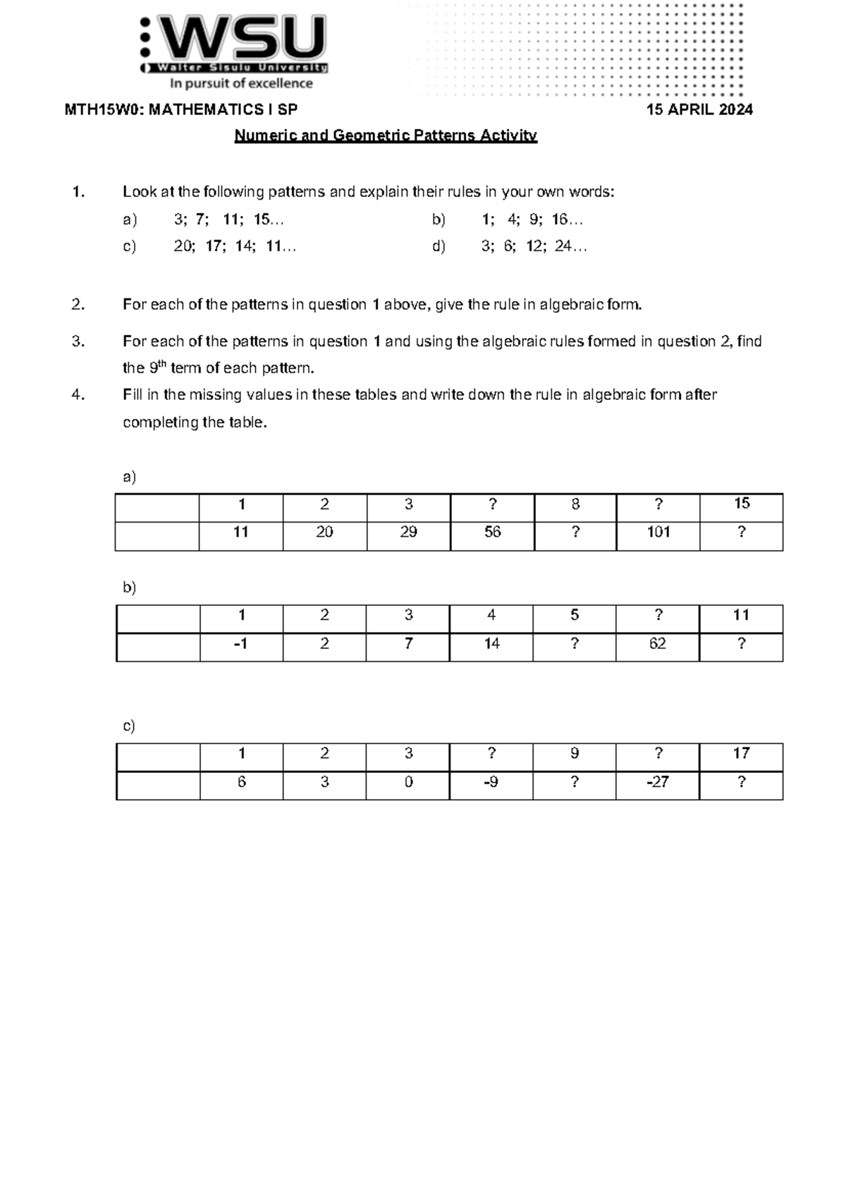 MTH15W0 Midterm Task: Numeric & Geometric Patterns Activity - Studocu