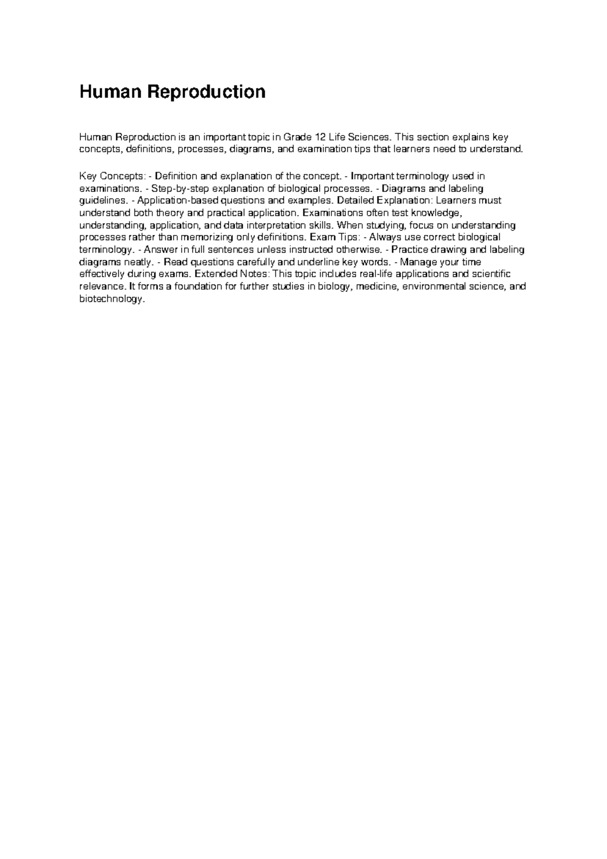 Grade 12 Life Sciences: Human Reproduction Study Guide - Studocu