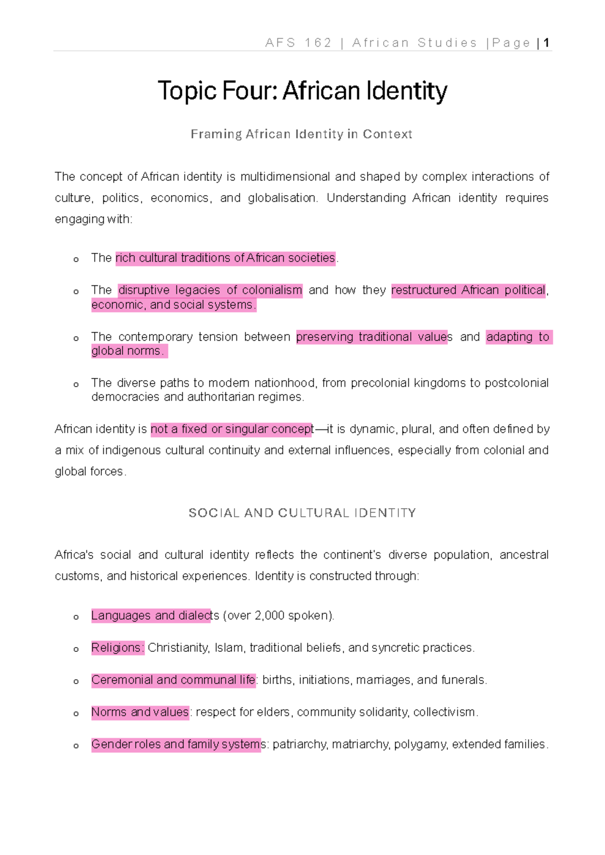 AFS 162 African Studies: Topic 4 - Understanding African Identity - Studocu