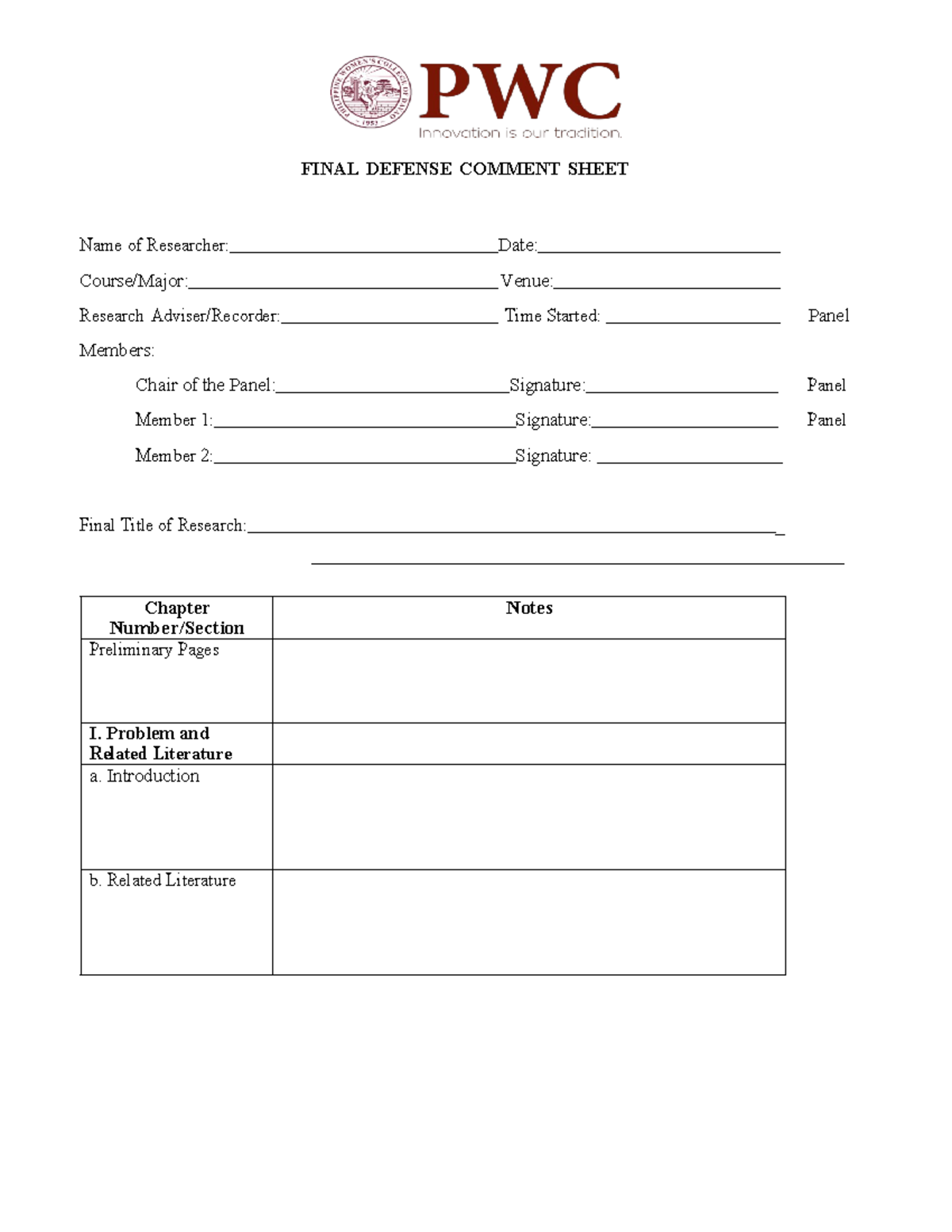 FINAL DEFENSE COMMENT SHEET - CAPSTONE PROJECT FORMAT - Studocu