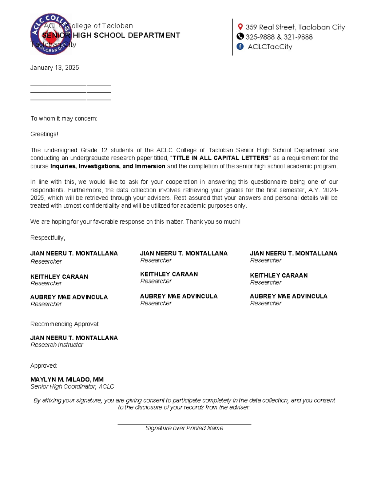 ACLC SHS Grade 12 Data Collection Consent Letter for Research - Studocu