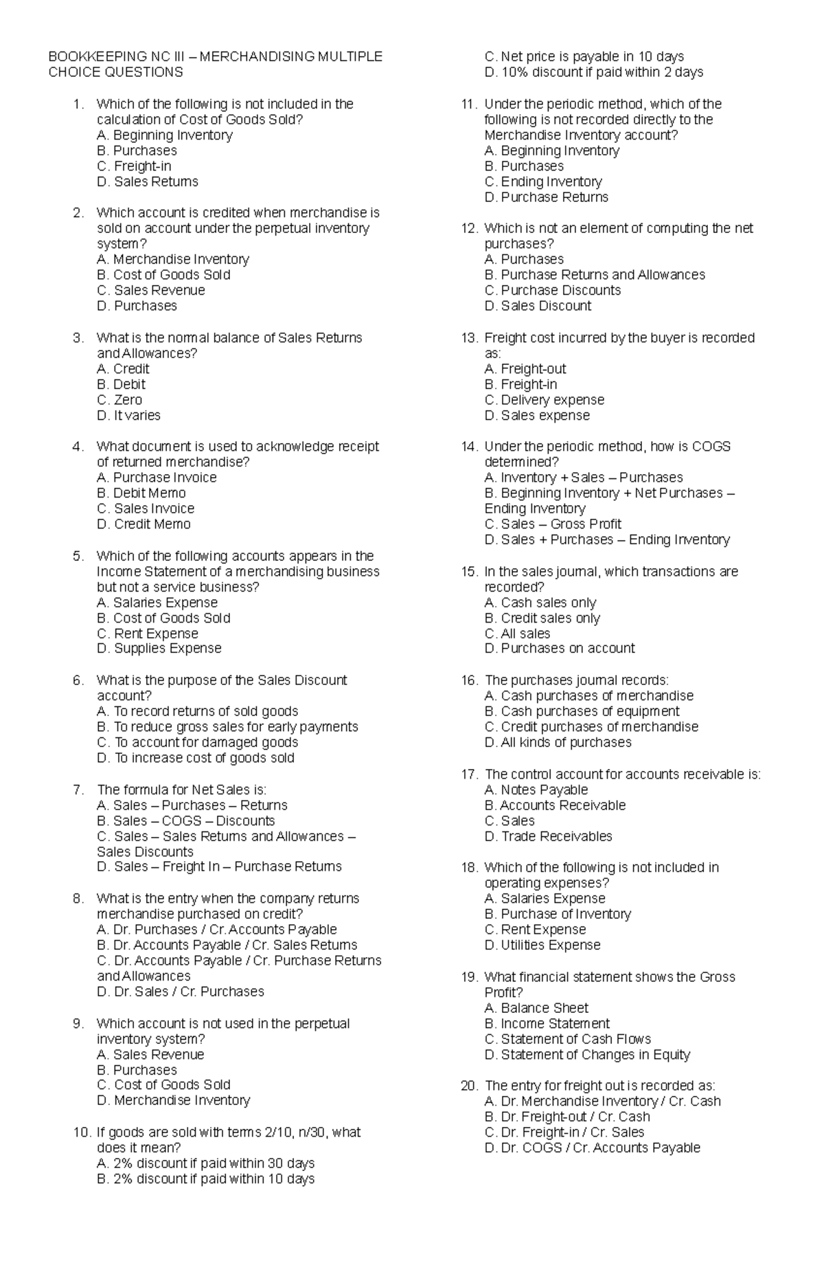 BOOKKEEPING NC MERCHANDISING TEST 2 MULTIPLE CHOICE QUESTIONS - Studocu