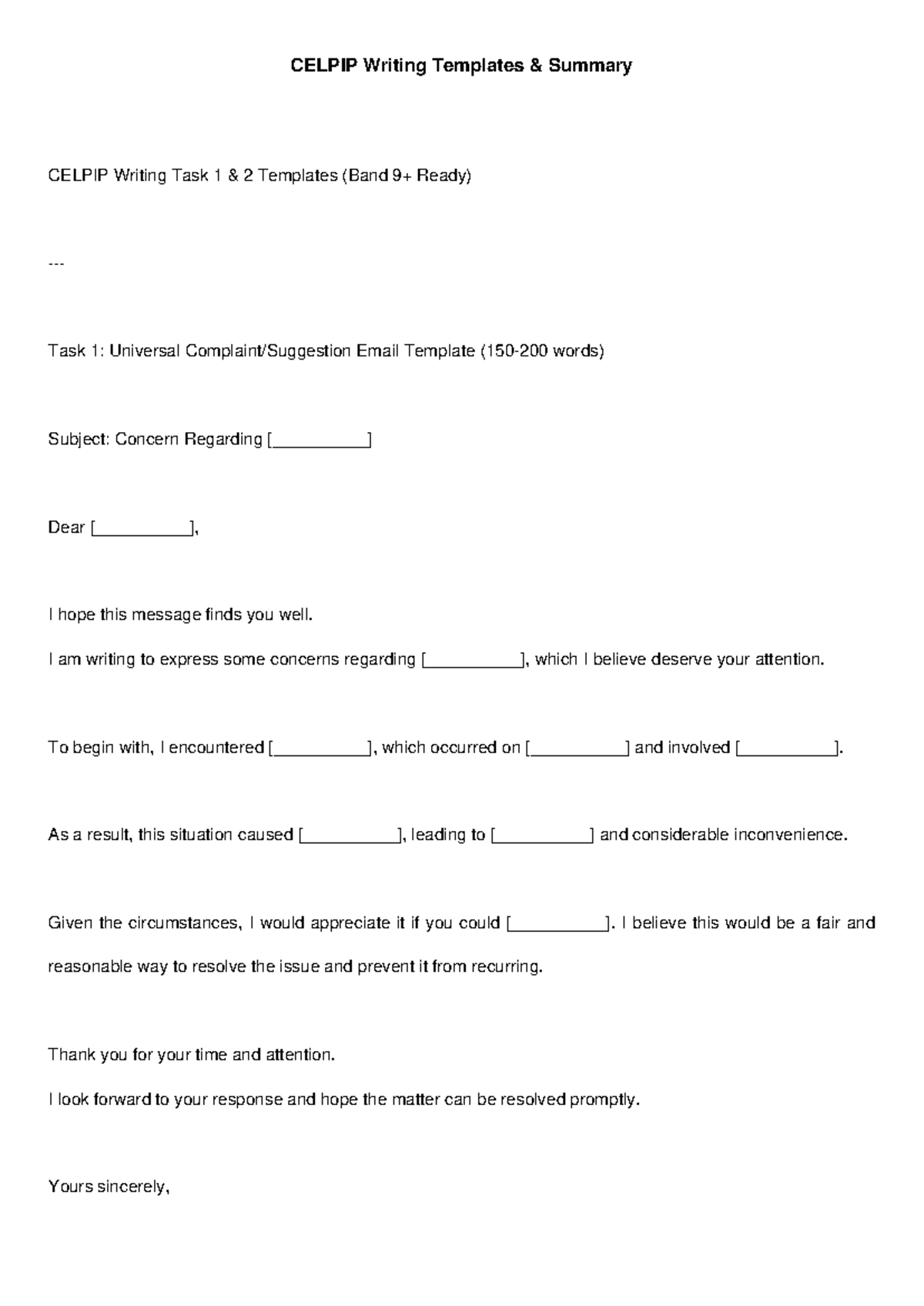 CELPIP Writing Task 1 & 2 Templates Summary (Band Ready) - Studocu