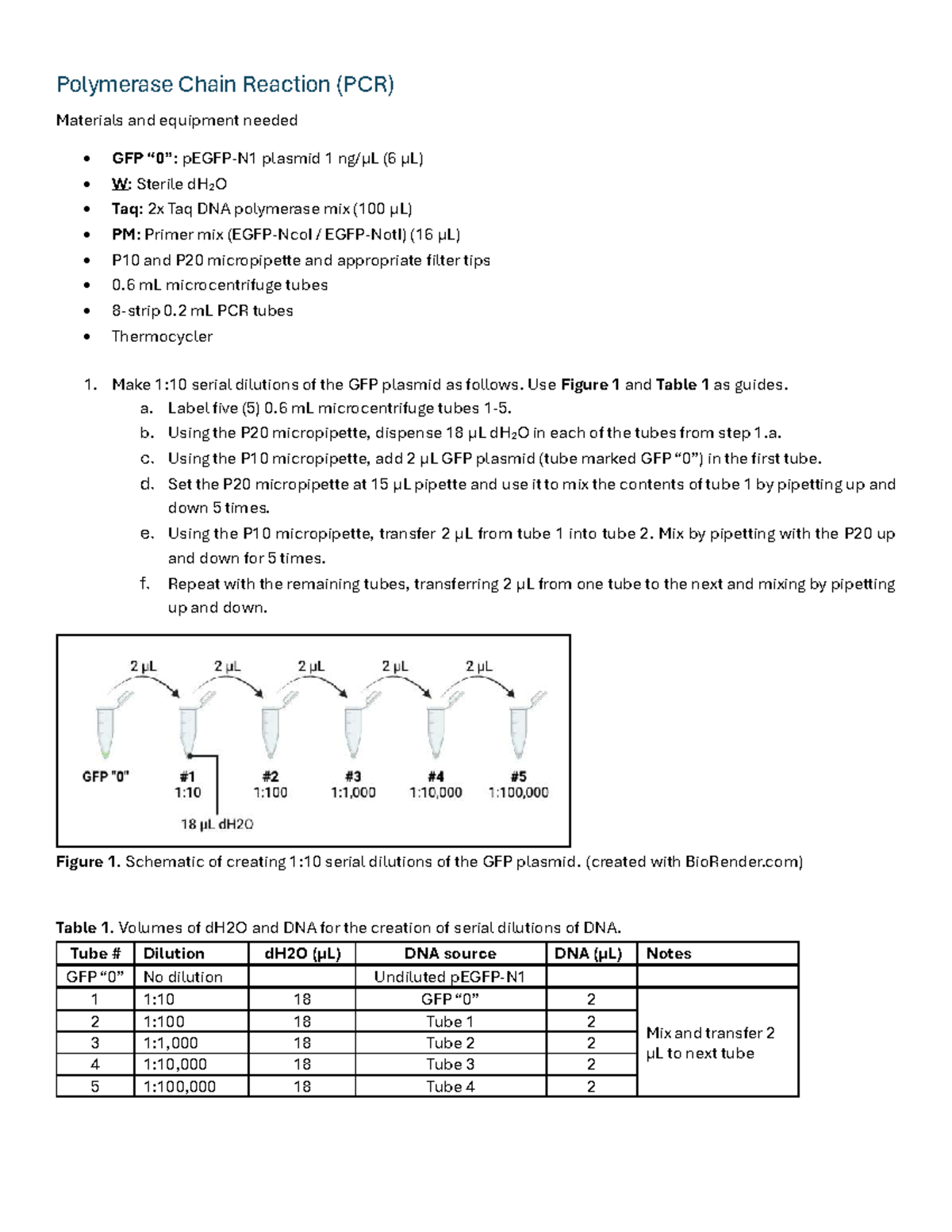 PCR Protocol for GFP Plasmid Serial Dilutions - Studocu