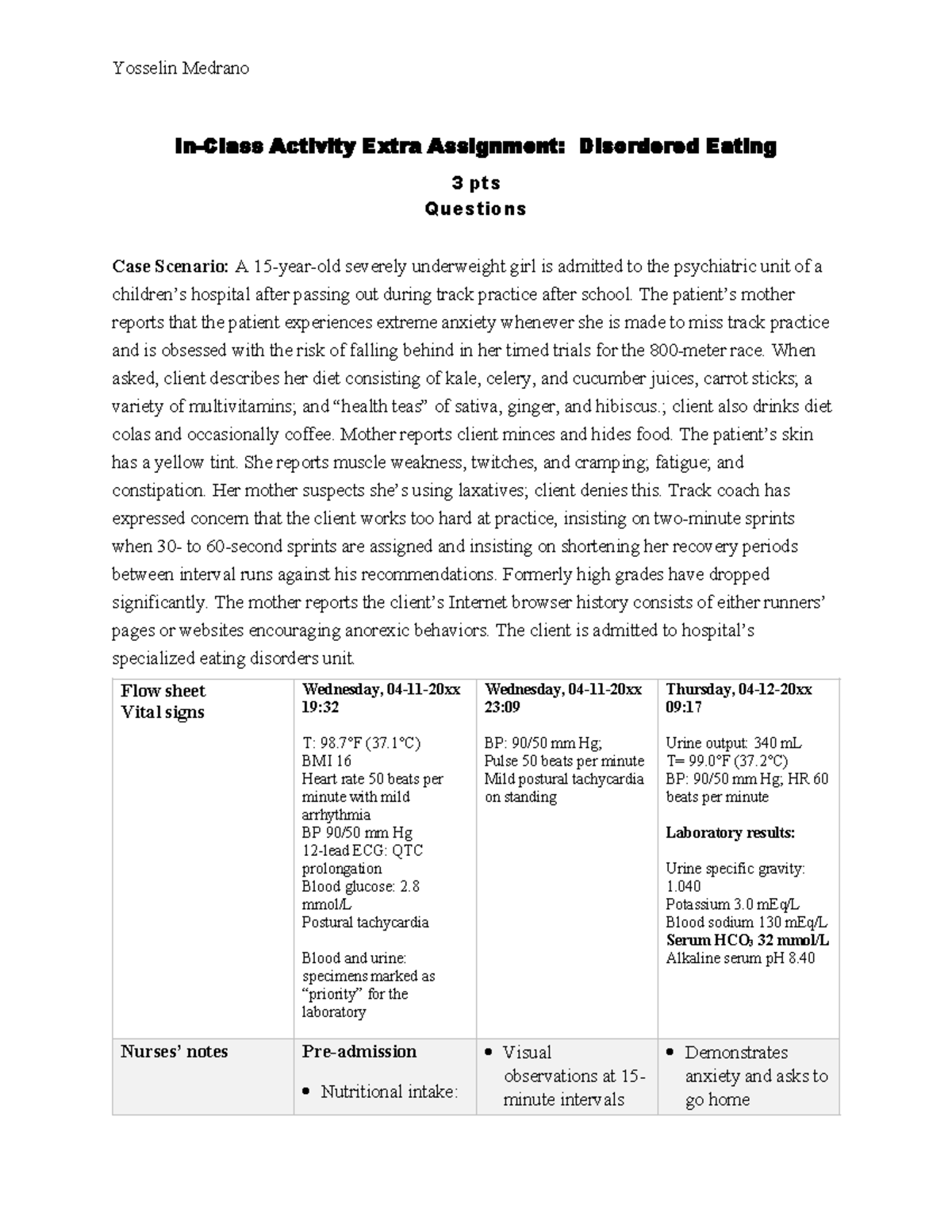 NGN Disordered Eating Case Study: Yosselin Medrano's Assessment & Care ...