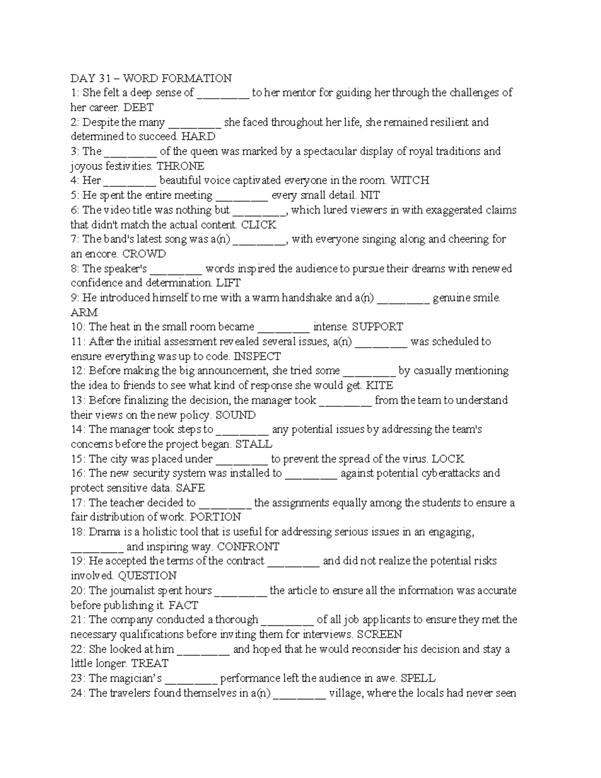 DAY 31: Word Formation Exercises and Examples - Studocu