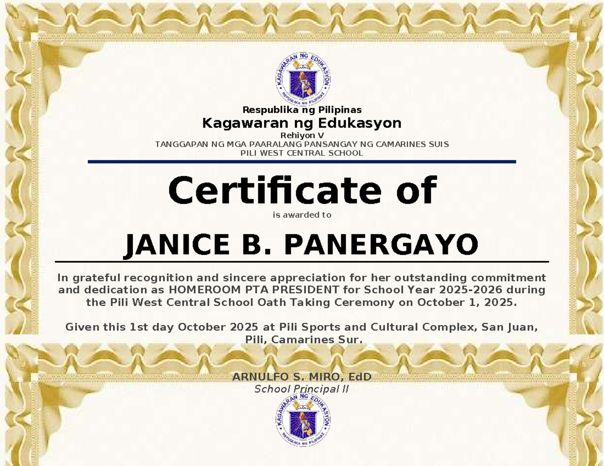 Cert-SPTA Silang - Recognition Certificates for PTA Officers 2025 - Studocu