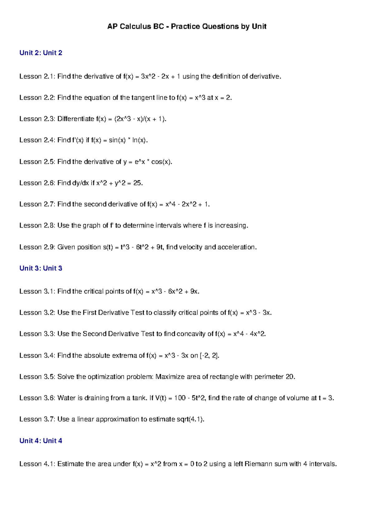 AP Calculus BC Practice Questions: Comprehensive Unit Review - Studocu