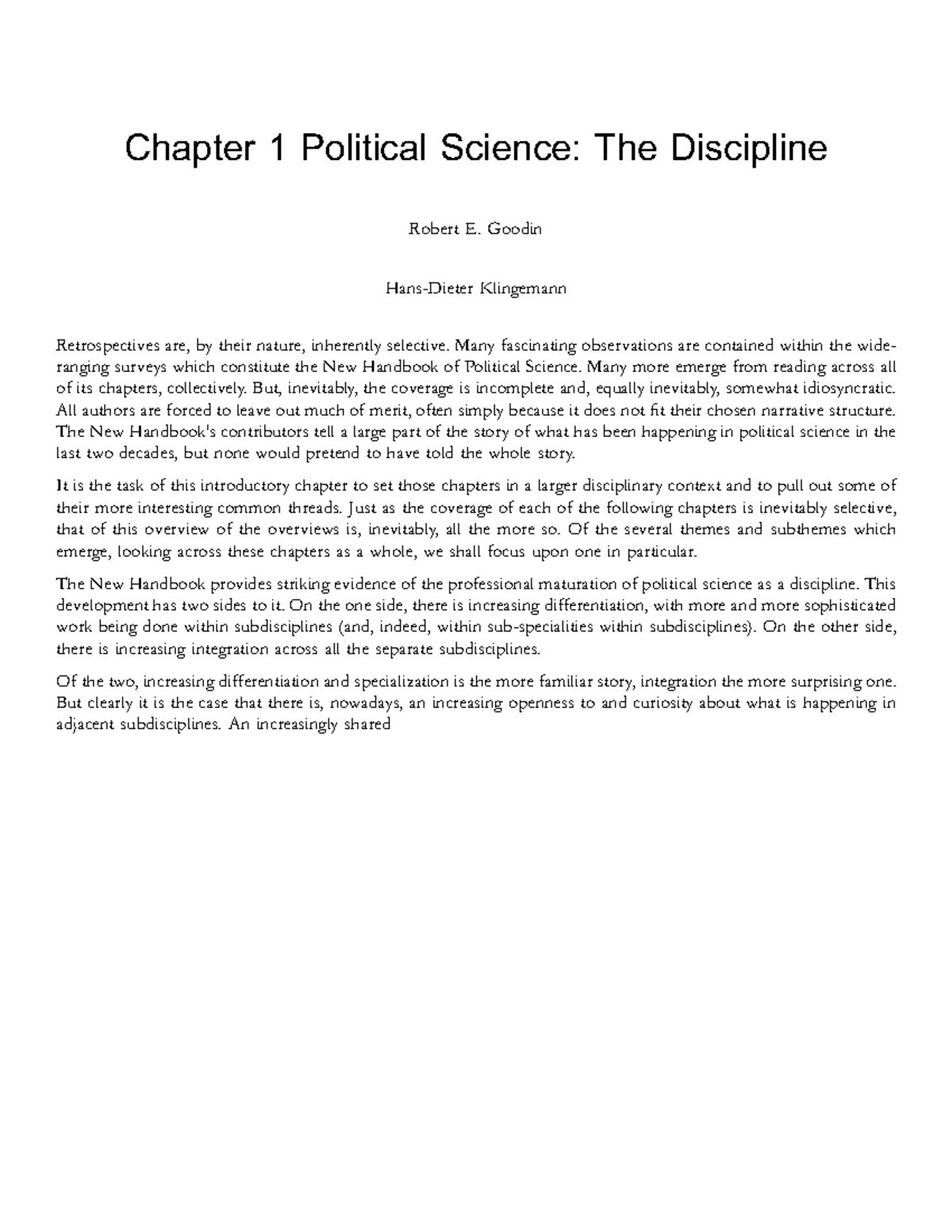 Chapter 1: The Maturation of Political Science as a Discipline - Studocu