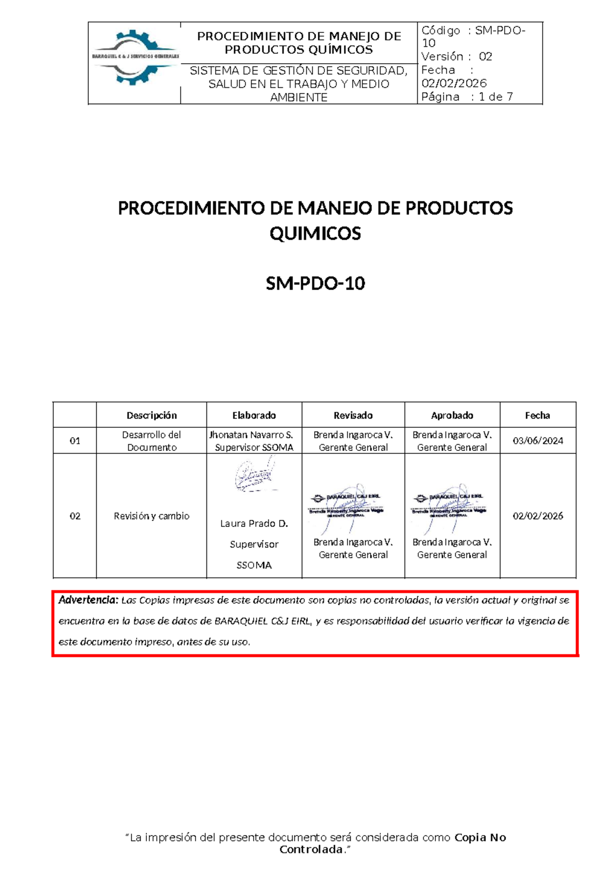 SM-PDO-10 Procedimiento de Manejo de Productos Químicos y Seguridad ...