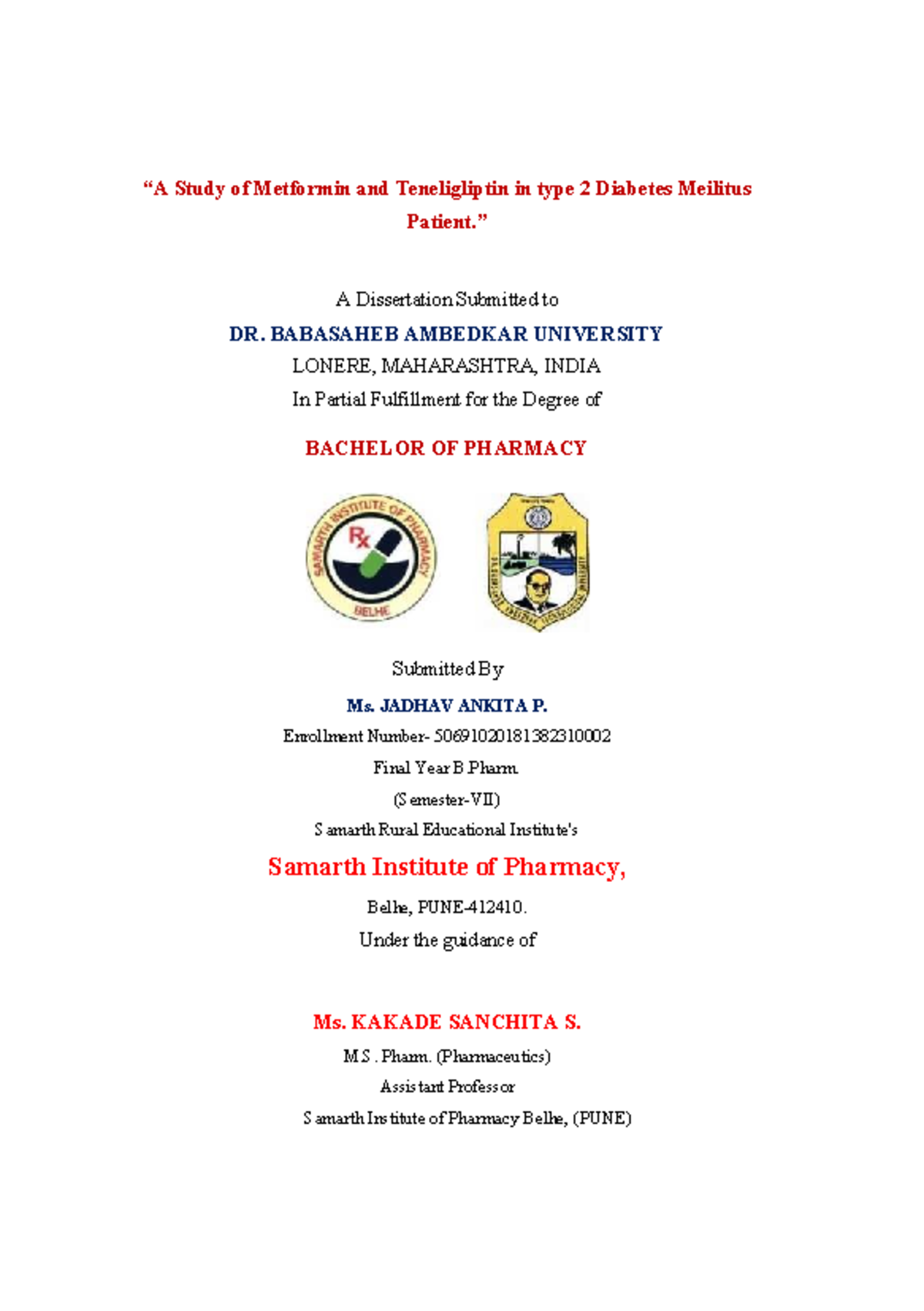 B.Pharm Dissertation: Metformin & Teneligliptin in Type 2 Diabetes ...