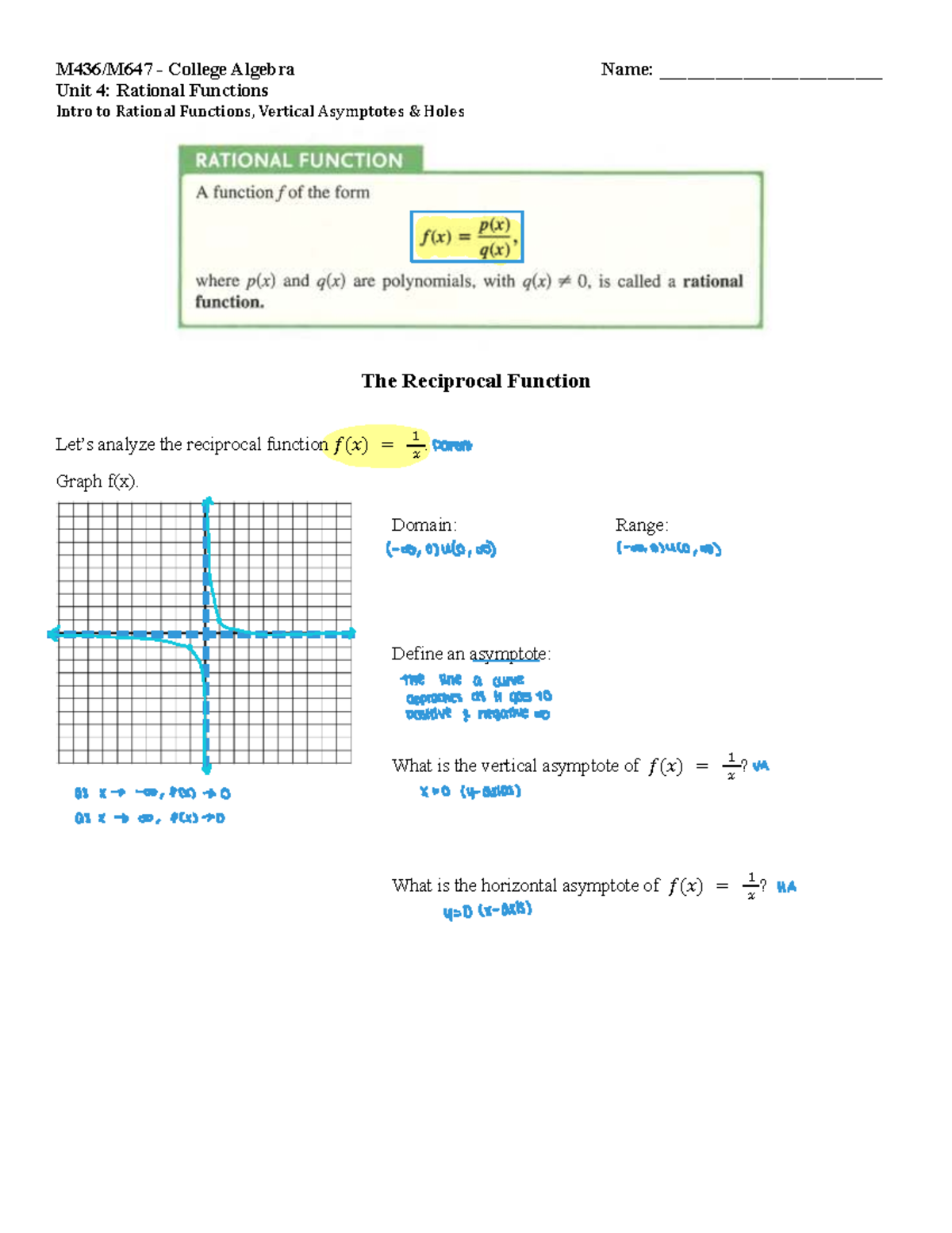 College Algebra Unit 4: Intro to Rational Functions & Asymptotes - Studocu