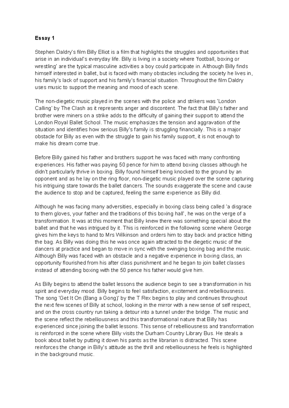 Billy Elliot Essay: Exploring Obstacles and Opportunities in Life - Studocu