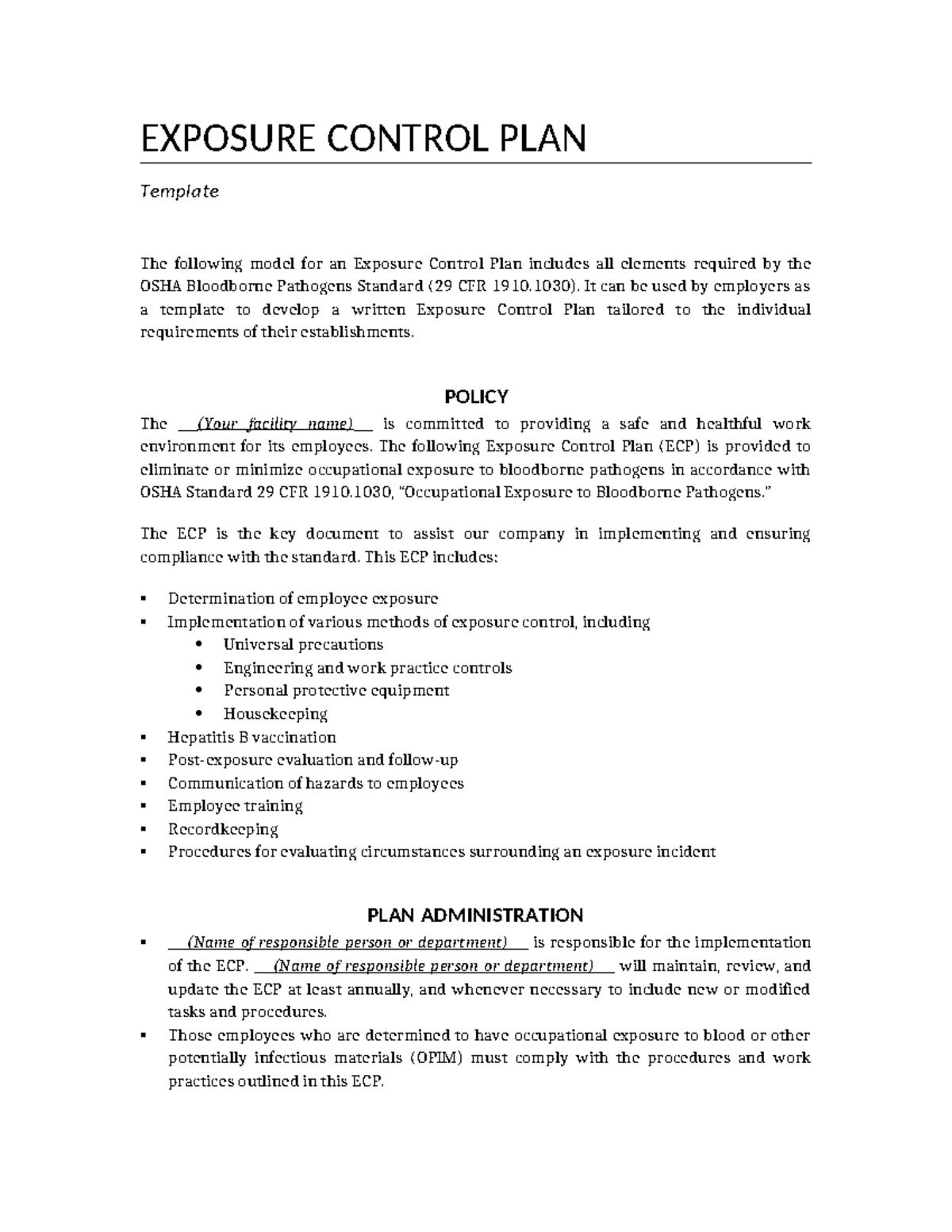 2015 BBP Exposure Control Plan - OSHA Compliance Template - Studocu