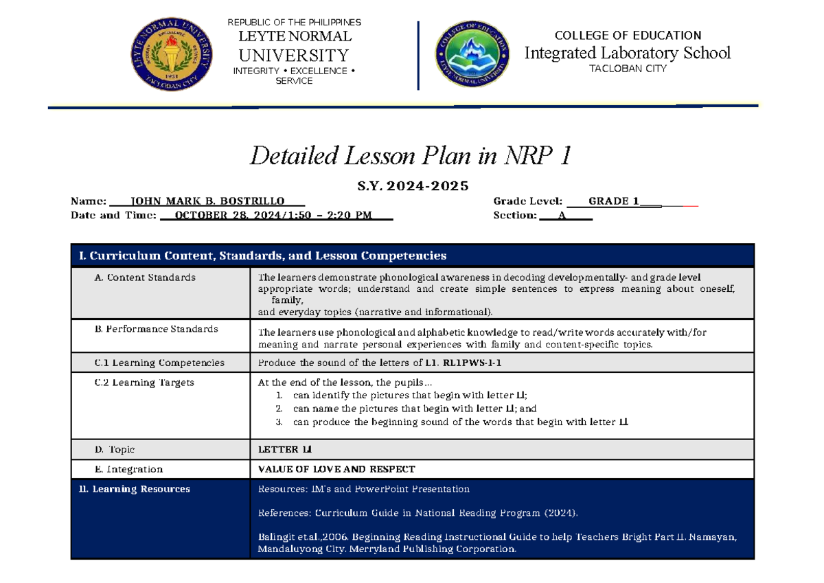 Detailed Lesson Plan in NRP 1: Letter Ll for Grade 1 - Studocu