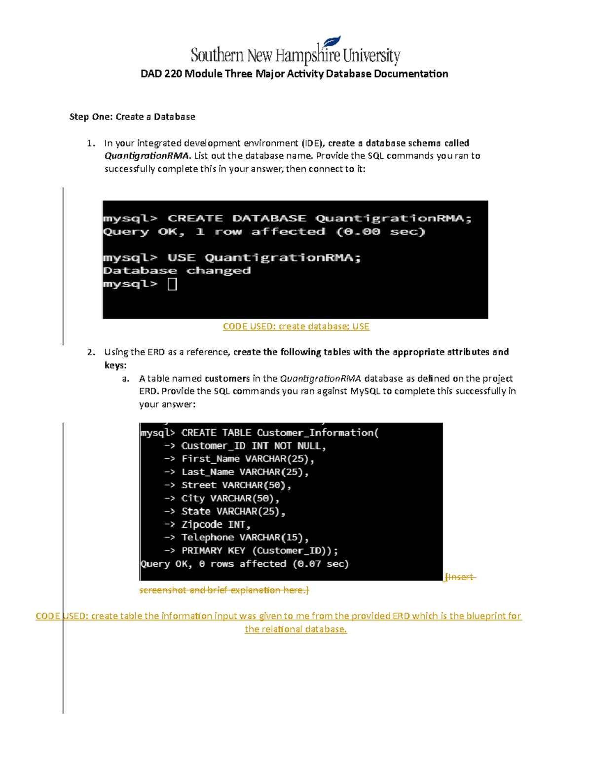 DAD 220 Module Three Major Activity: Database Schema Creation Guide ...