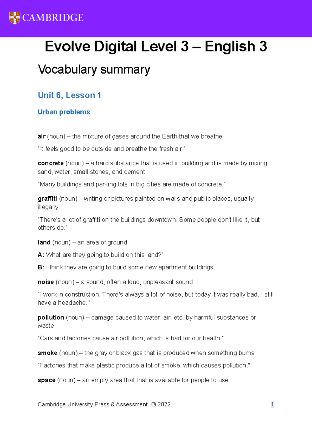 Unit 6 - E3 - Vocabulary Summary: Urban Problems & Adverbs - Studocu