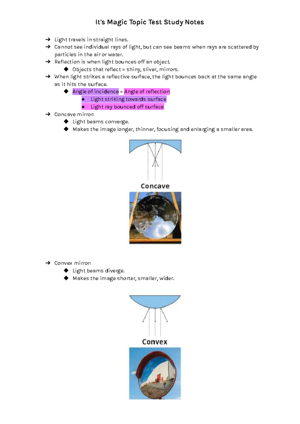 Magic Topic Test Study Notes: Understanding Light Behavior - Studocu
