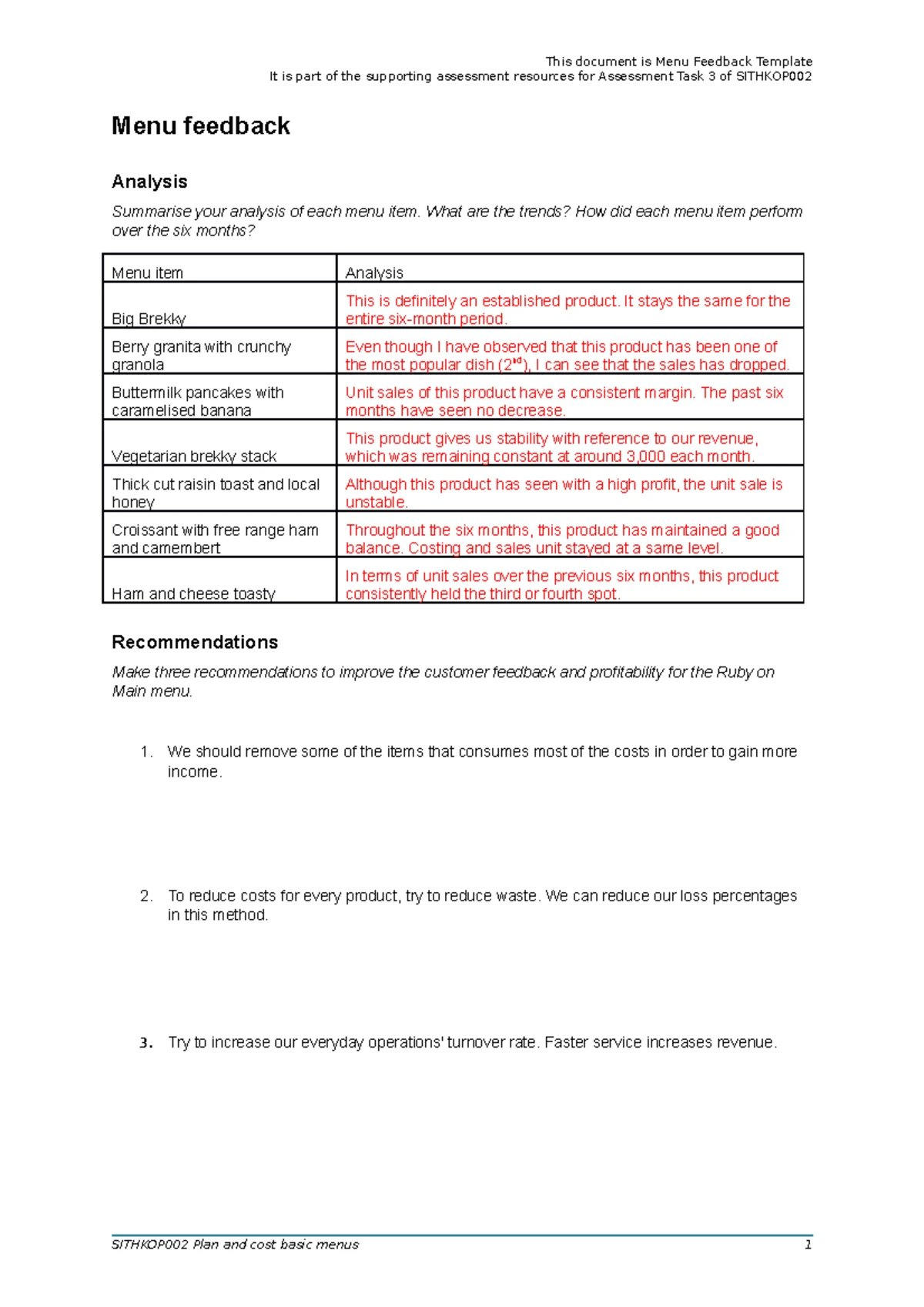 A LA Carte MENU - ASSIGNMENTS - This document is Menus Template It is ...