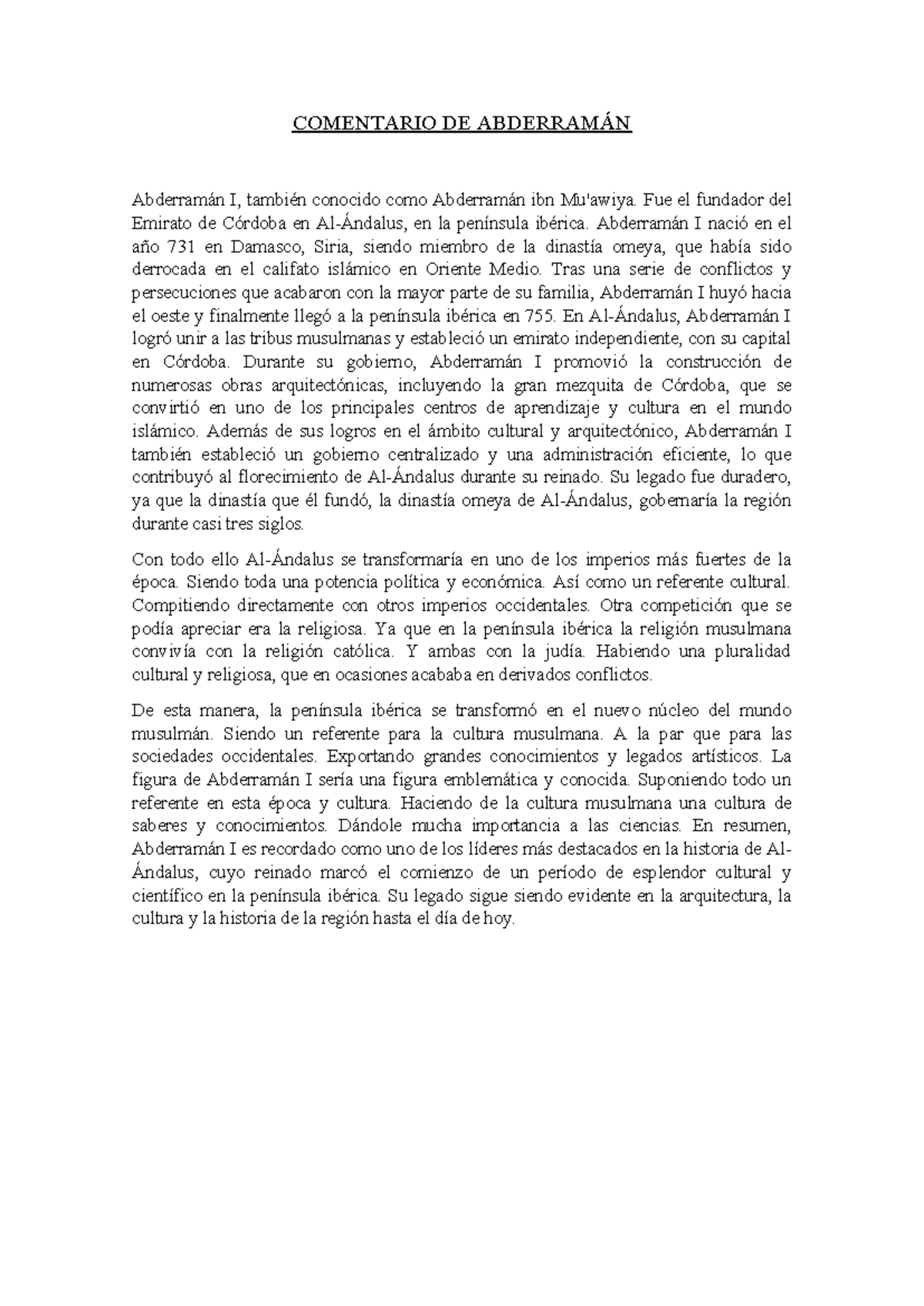 Comentario sobre Abderramán I: Fundador del Emirato de Córdoba - Studocu