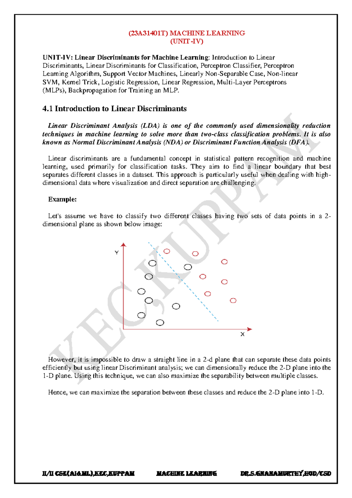 (23A31401T) MACHINE LEARNING Unit 4: Linear Discriminants, Perceptrons ...