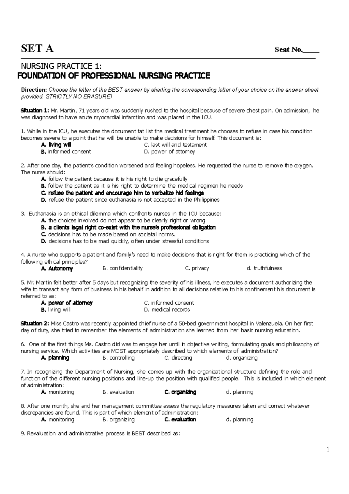 PNLE Exam Preparation: Practical Questions Set A for Nursing Practice 1 ...