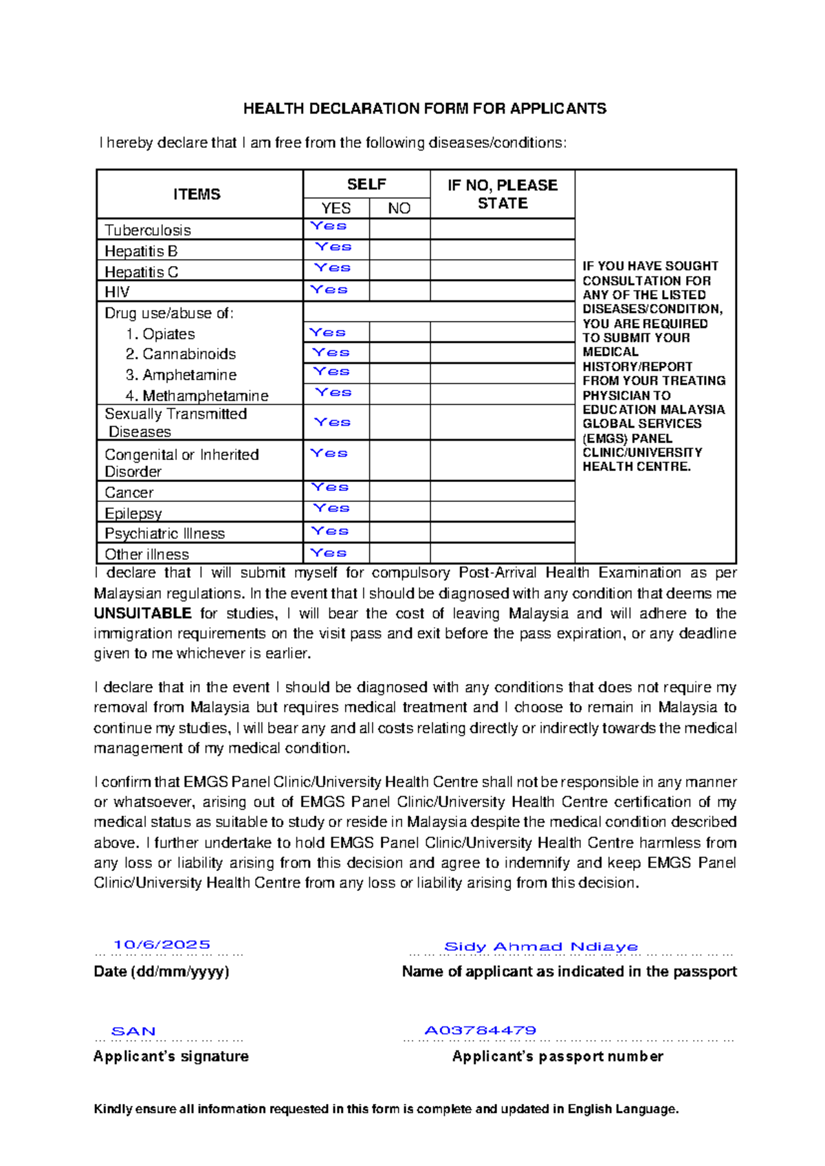 HEALTH DECLARATION FORM FOR APPLICANTS - LAMPIRAN B - Studocu