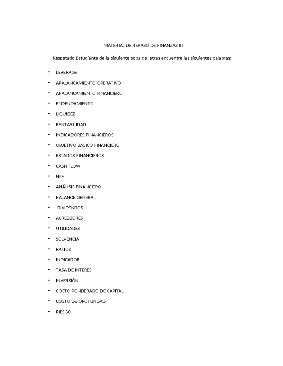 SOPA DE LETRAS DE FINANZAS III - 4OCT25 - Studocu