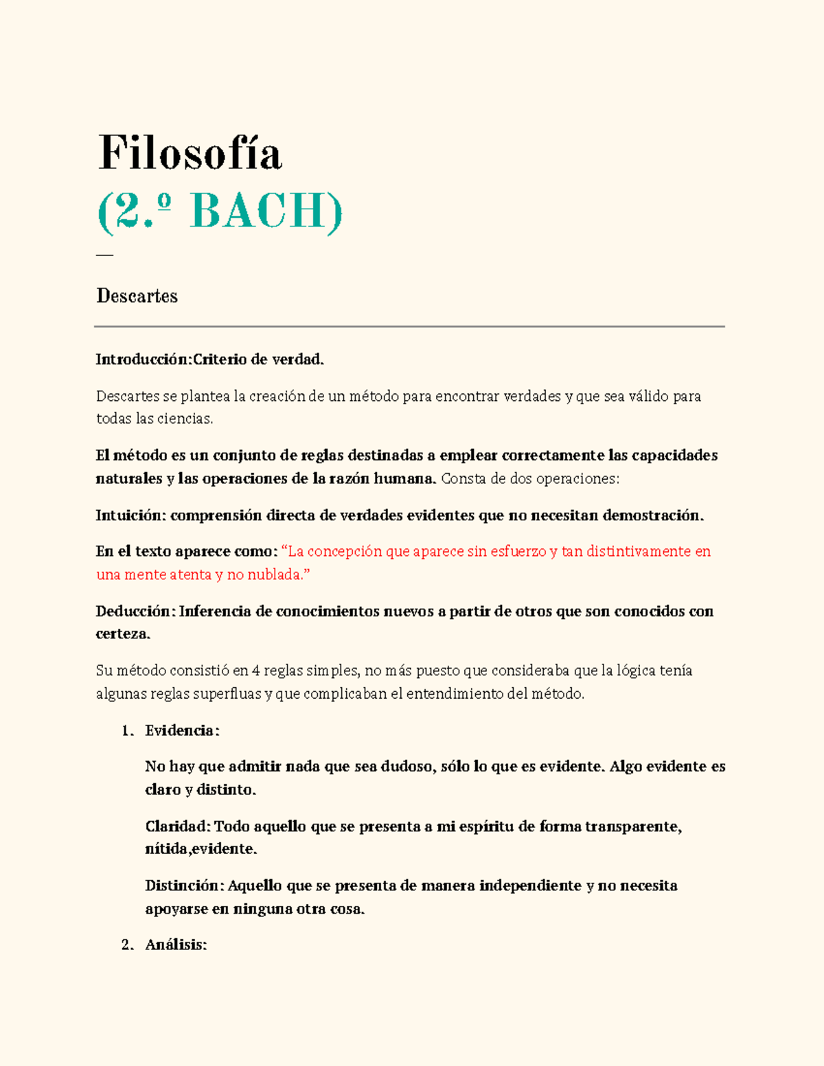 Apuntes de Filosofía sobre Descartes (2.º BACH) - Studocu