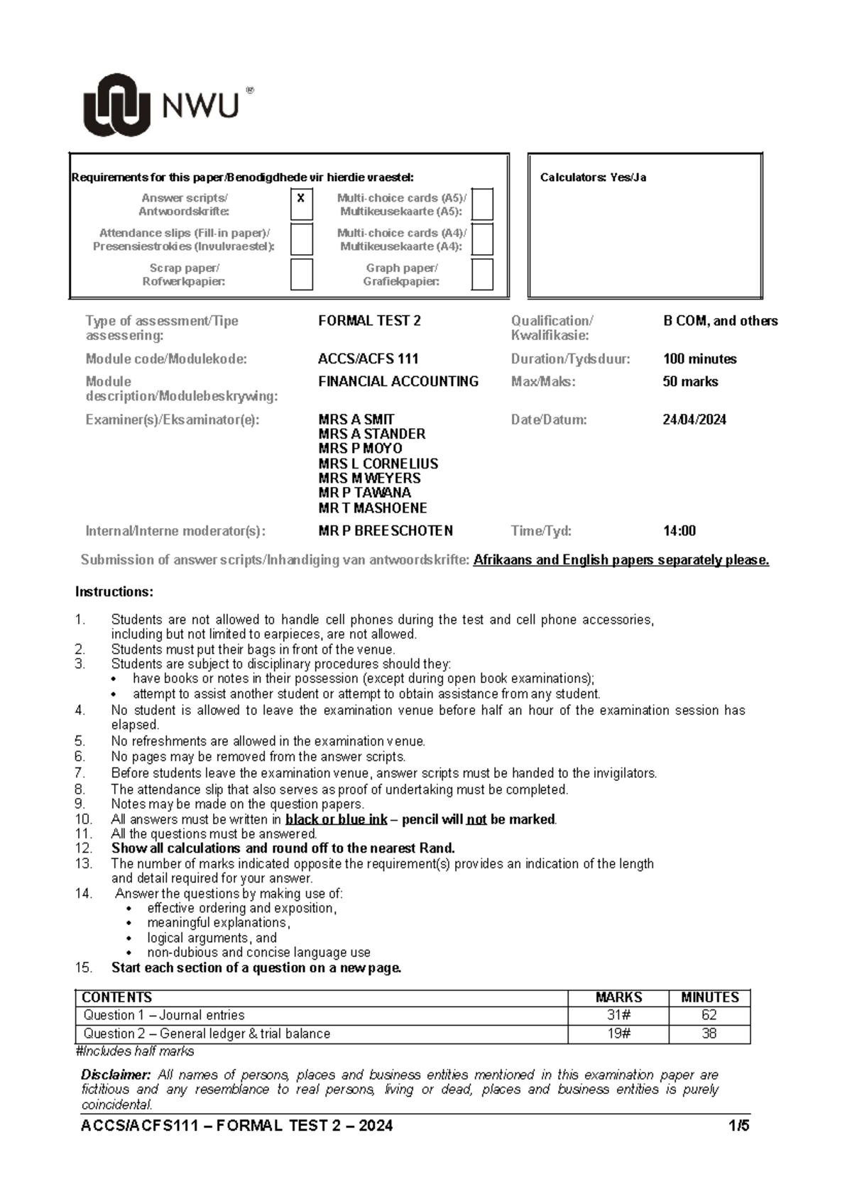 ACCS111 Formal Test 2 Requirements and Instructions - April 2024 - Studocu
