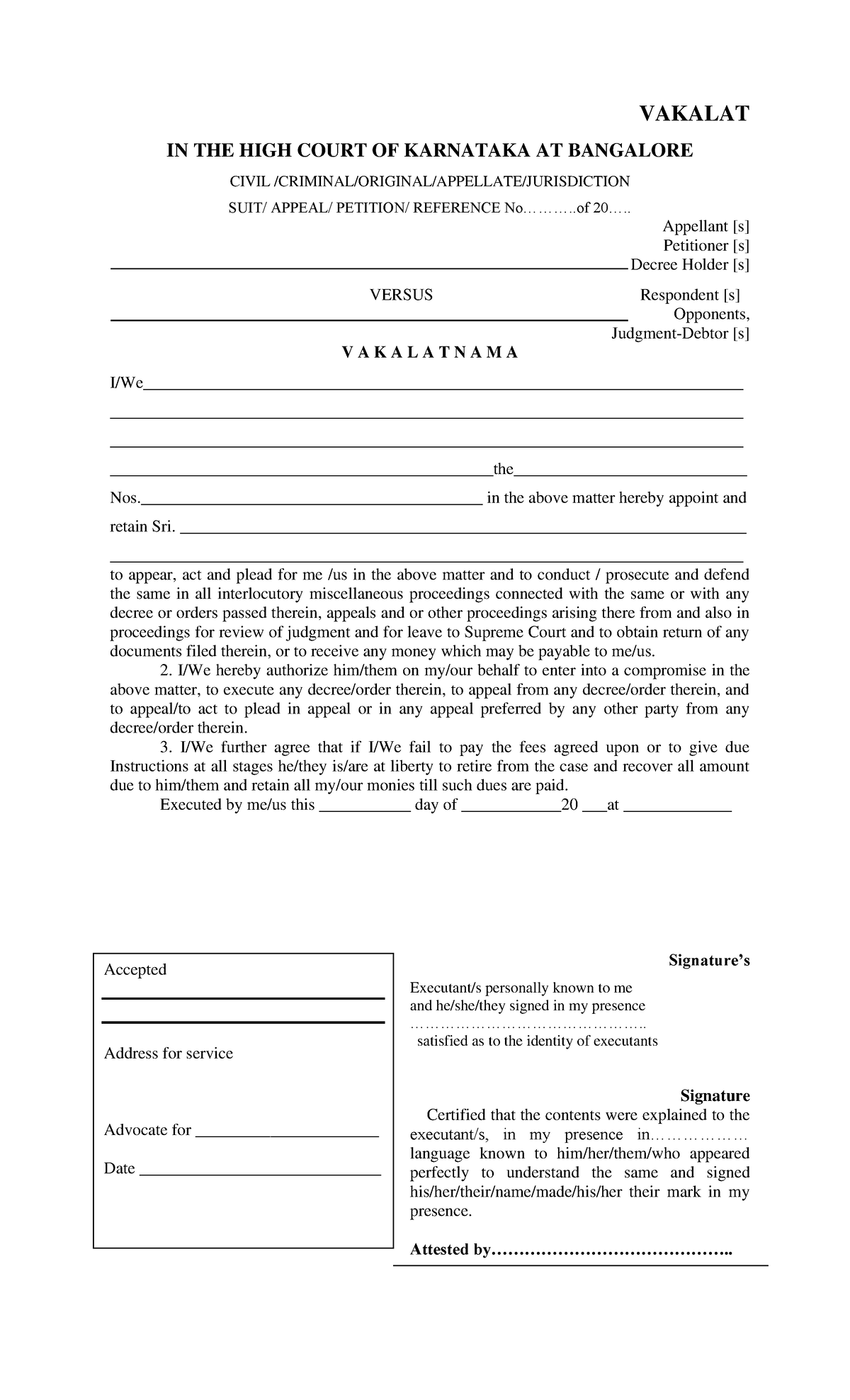 VAKALATNAMA Format for District Court - Karnataka High Court - Studocu