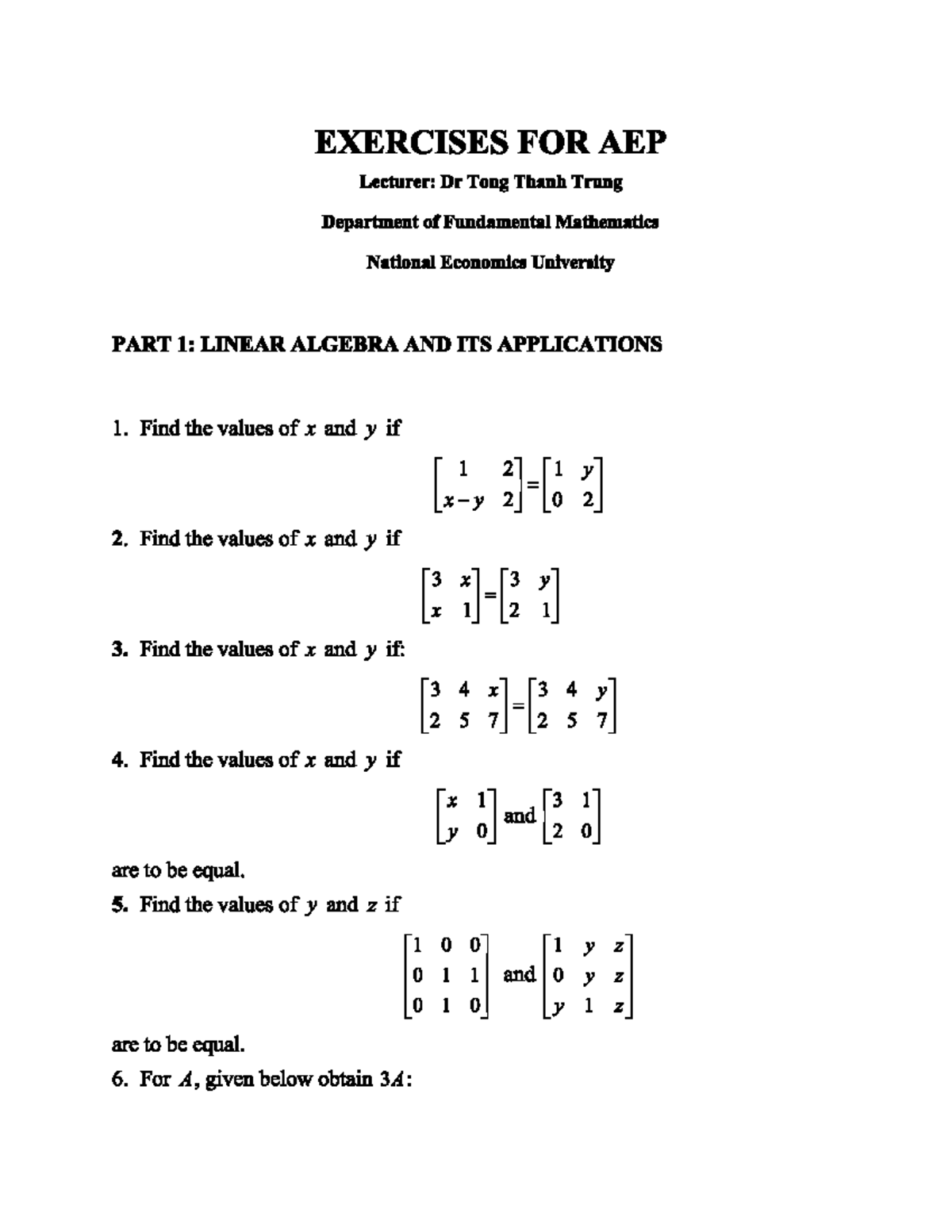 AEP Linear Algebra Exercises: Solutions and Applications - Studocu