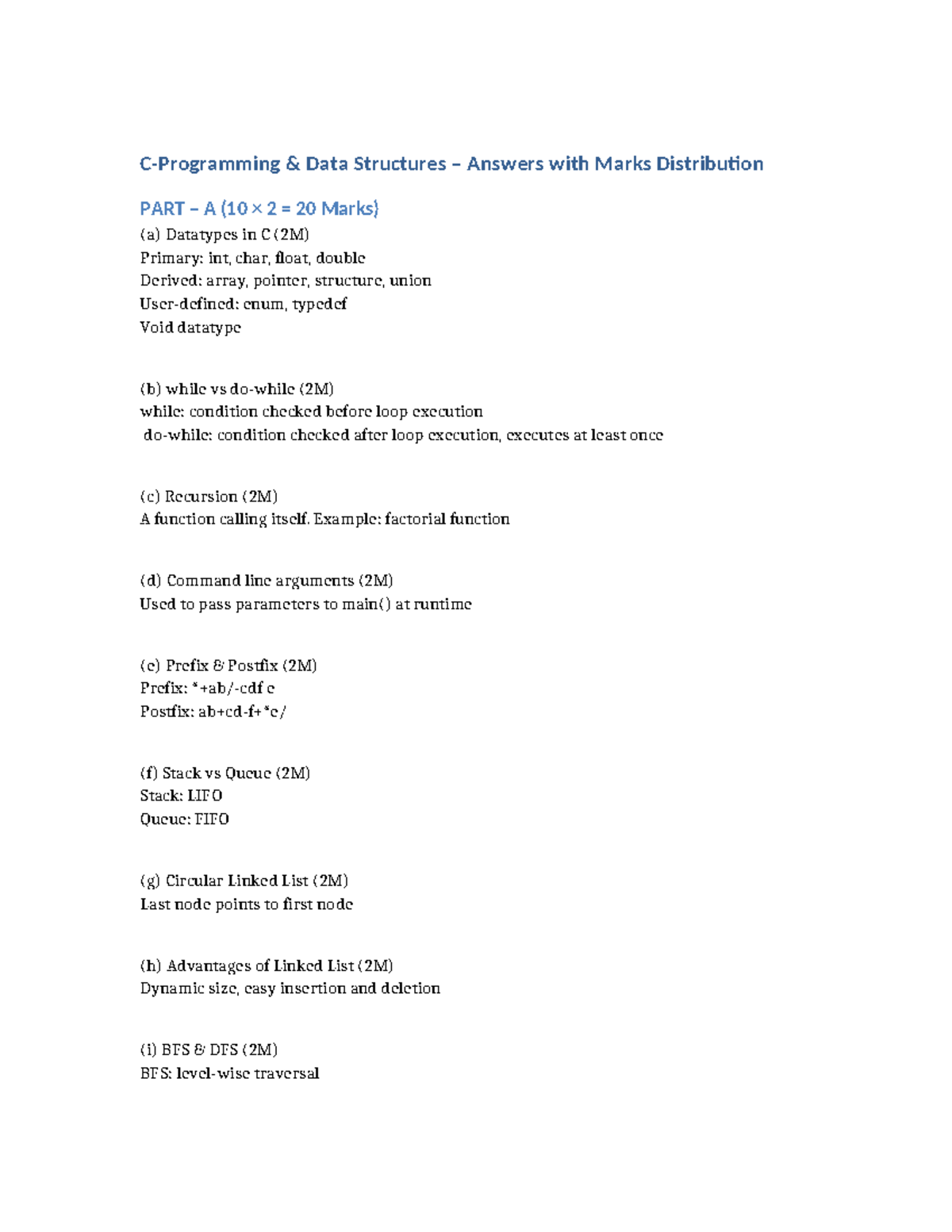 C Programming Data Structures Answers with Marks Distribution - Studocu