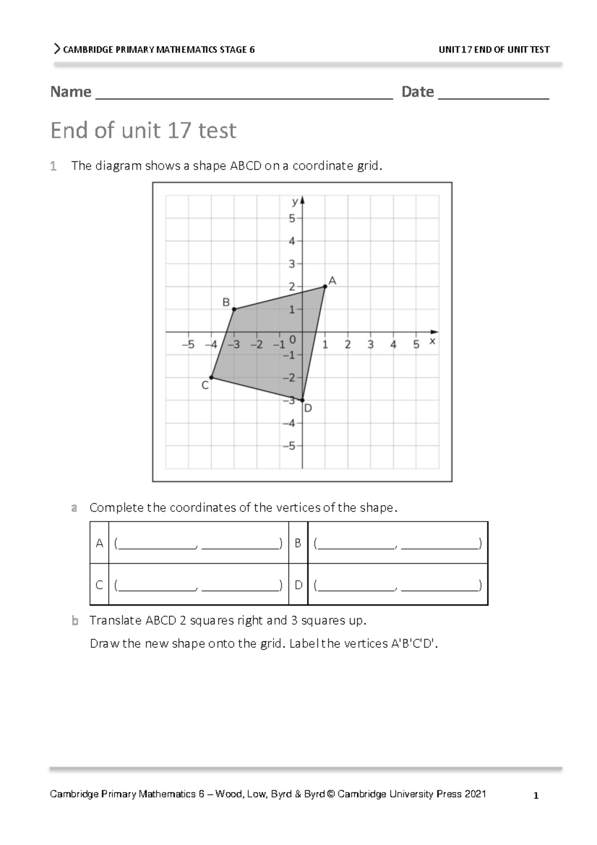 CAMBRIDGE PRIMARY MATHEMATICS 6 UNIT 17 END OF UNIT TEST - Studocu