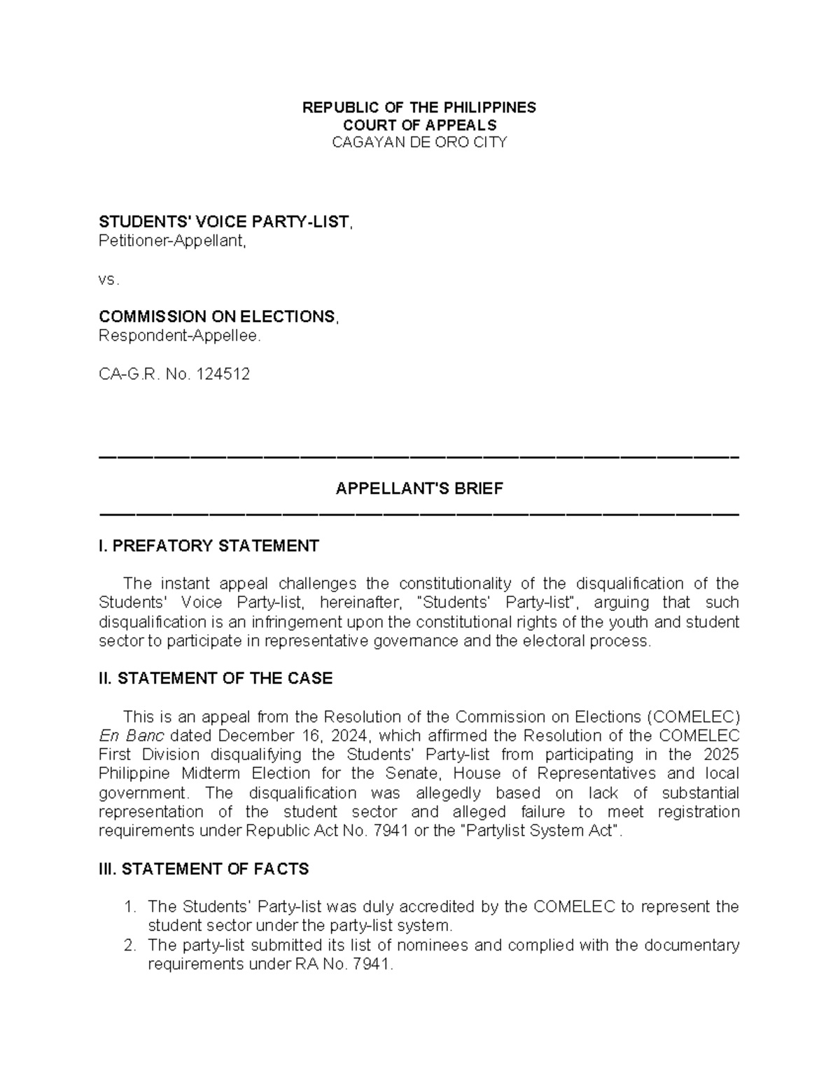 Voice vs. Commission on Elections: Appeal Brief No. 124512 - Studocu