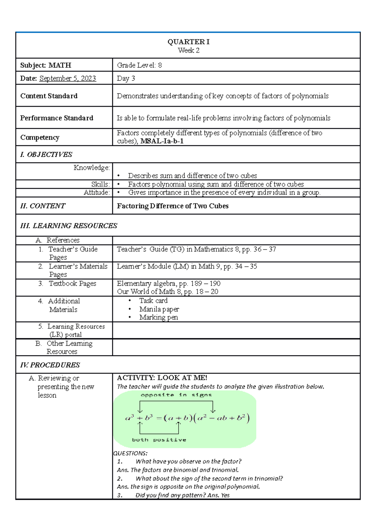 MATH 8 W2 - Comprehensive Lesson Plan on Factoring Polynomials - Studocu