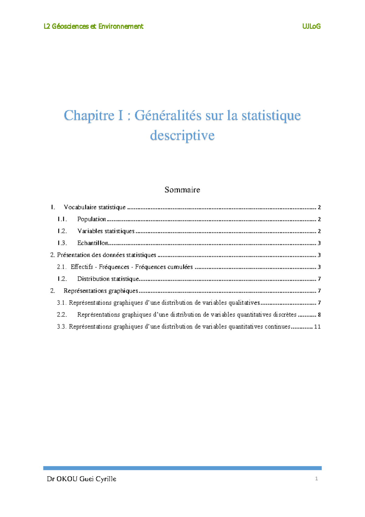 Chapitre 1 - Généralités sur la Statistique Descriptive (Stat 101) - Studocu