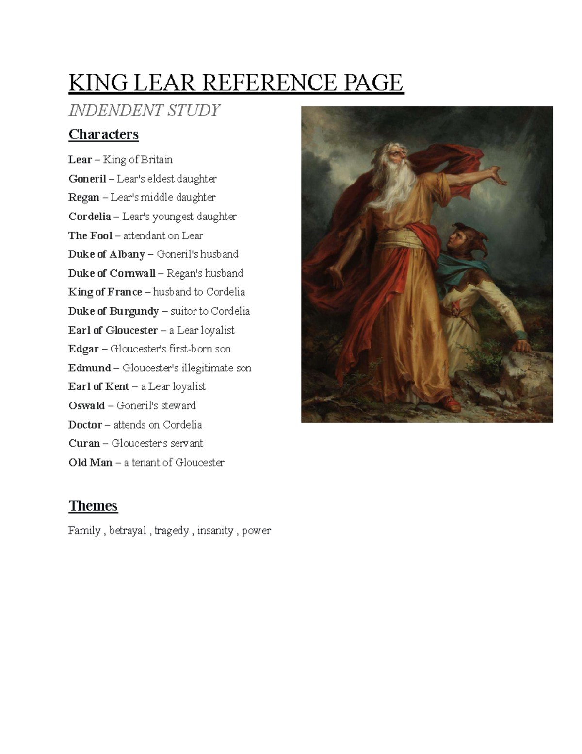 English LIT) - Study guide for King Lear - KING LEAR REFERENCE PAGE ...
