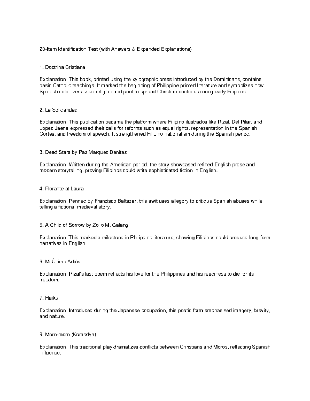 Identification Test: Key Philippine Literary Works and Their ...