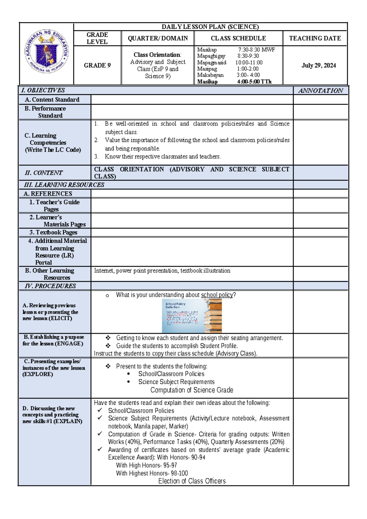 DLL- Grade 9 Science Class Orientation Daily Lesson Plan - Studocu