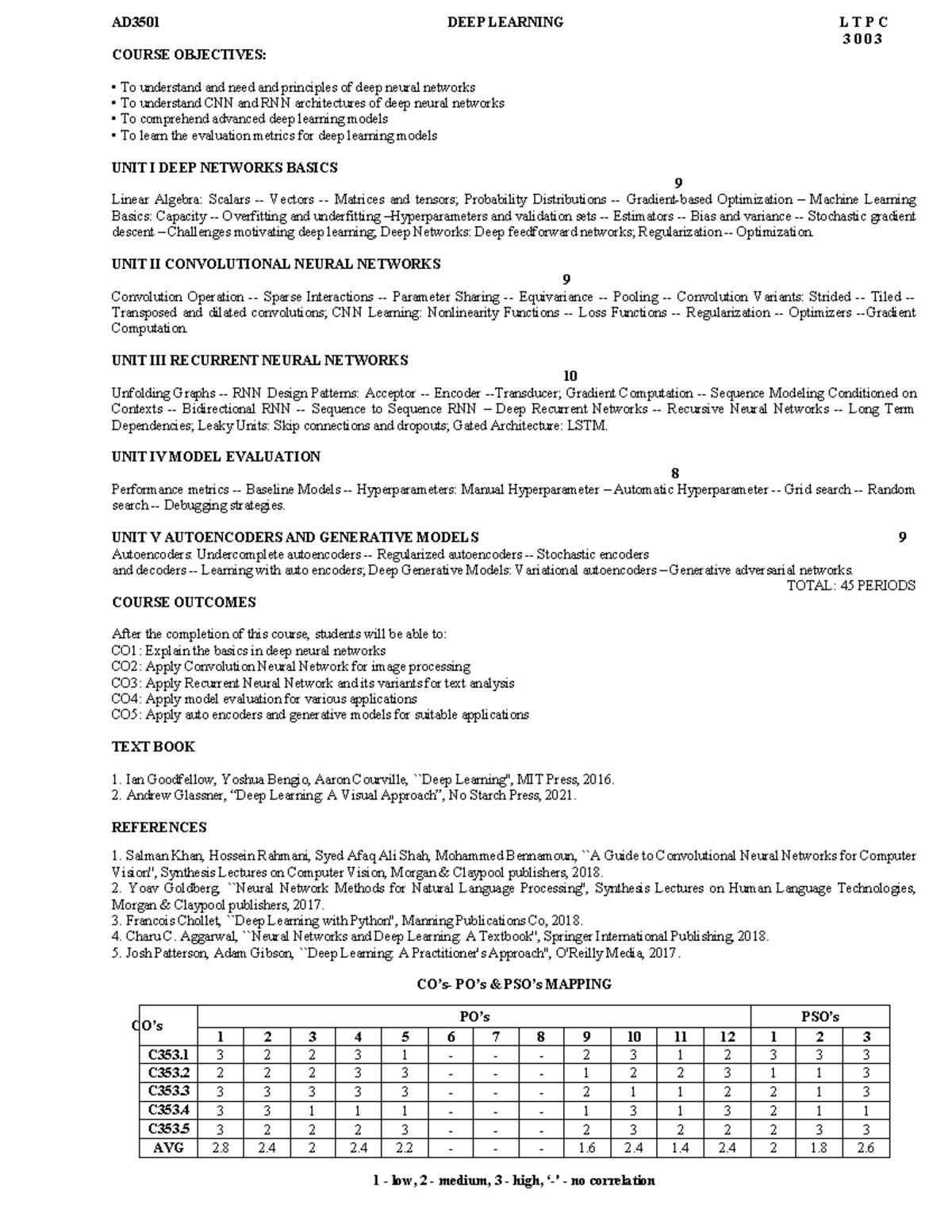 AD3501 DEEP LEARNING SYLLABUS AND COURSE OUTLINE - Studocu