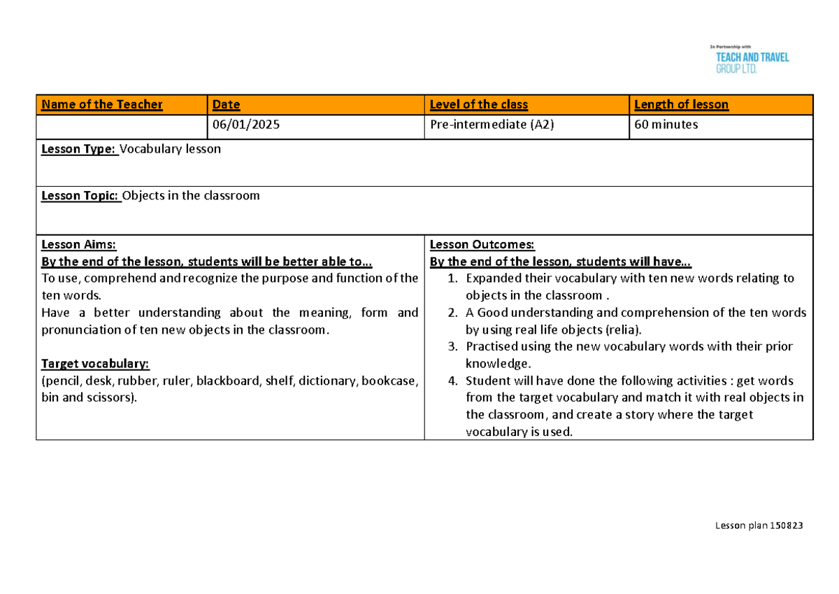 Vocabulary Lesson Plan: Classroom Objects for Pre-Intermediate (A2 ...