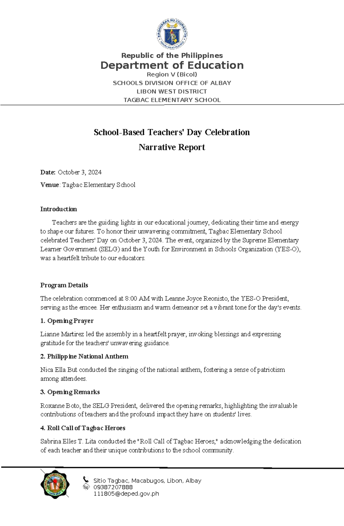 Teachers' Day Celebration Narrative Report - Tagbac Elementary School ...