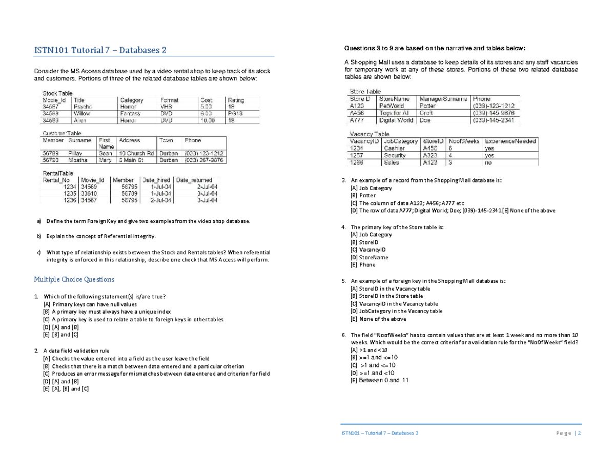 ISTN101 Tutorial 7 - Databases 2: MS Access Video Rental & Mall DBs - Studocu