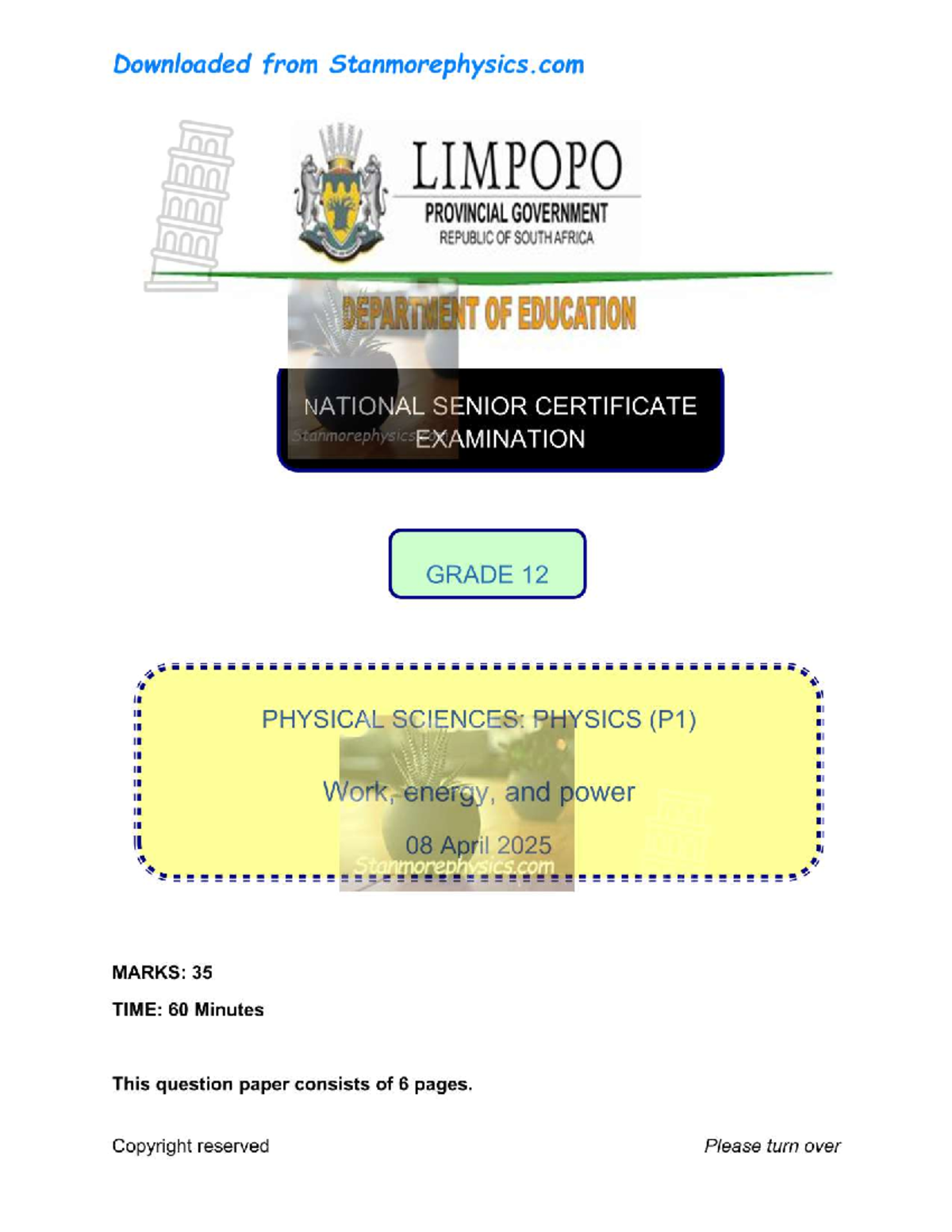 Physical Sciences Grade 12 TEST Work Energy Power 2025 and Memo ...