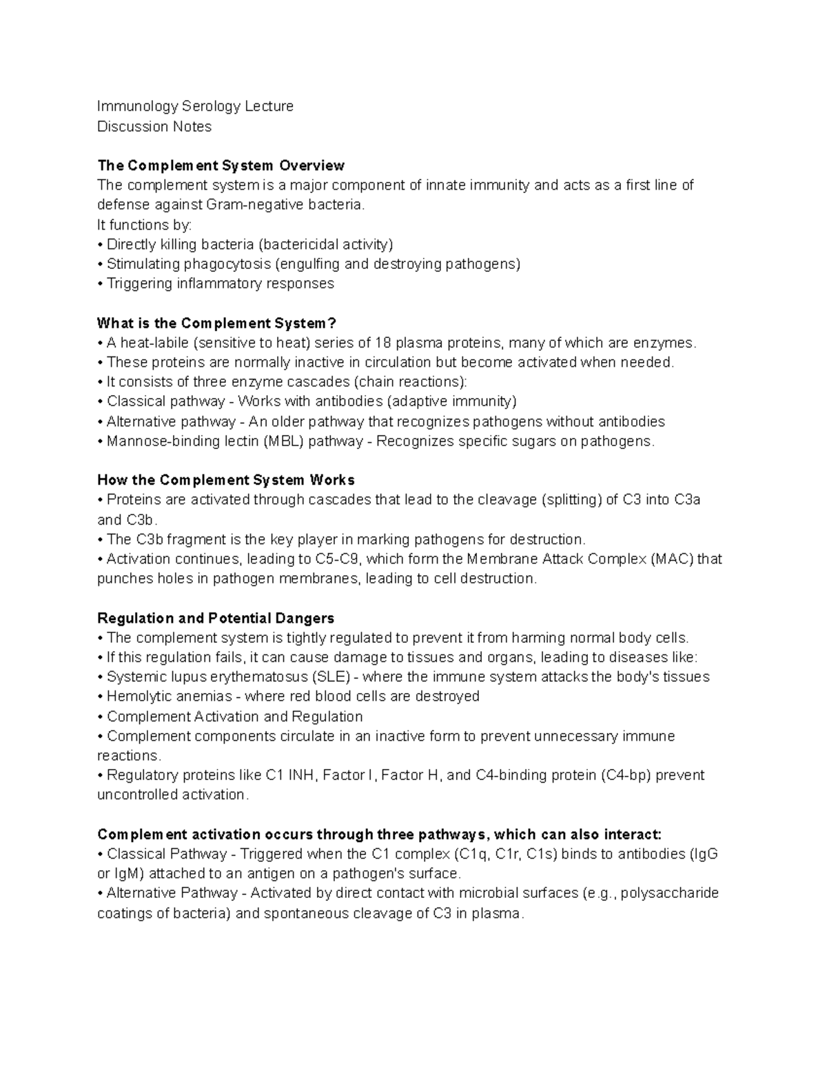 Is lec notes - COMPLEMENT SYSTEM OVERVIEW - Immunology Serology Lecture ...
