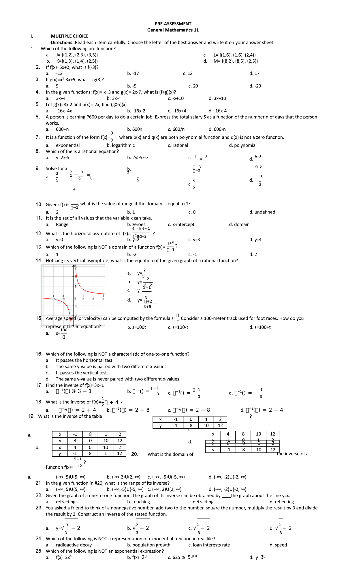 General Math 11 Pre-Test: Key Concepts & Questions - Studocu