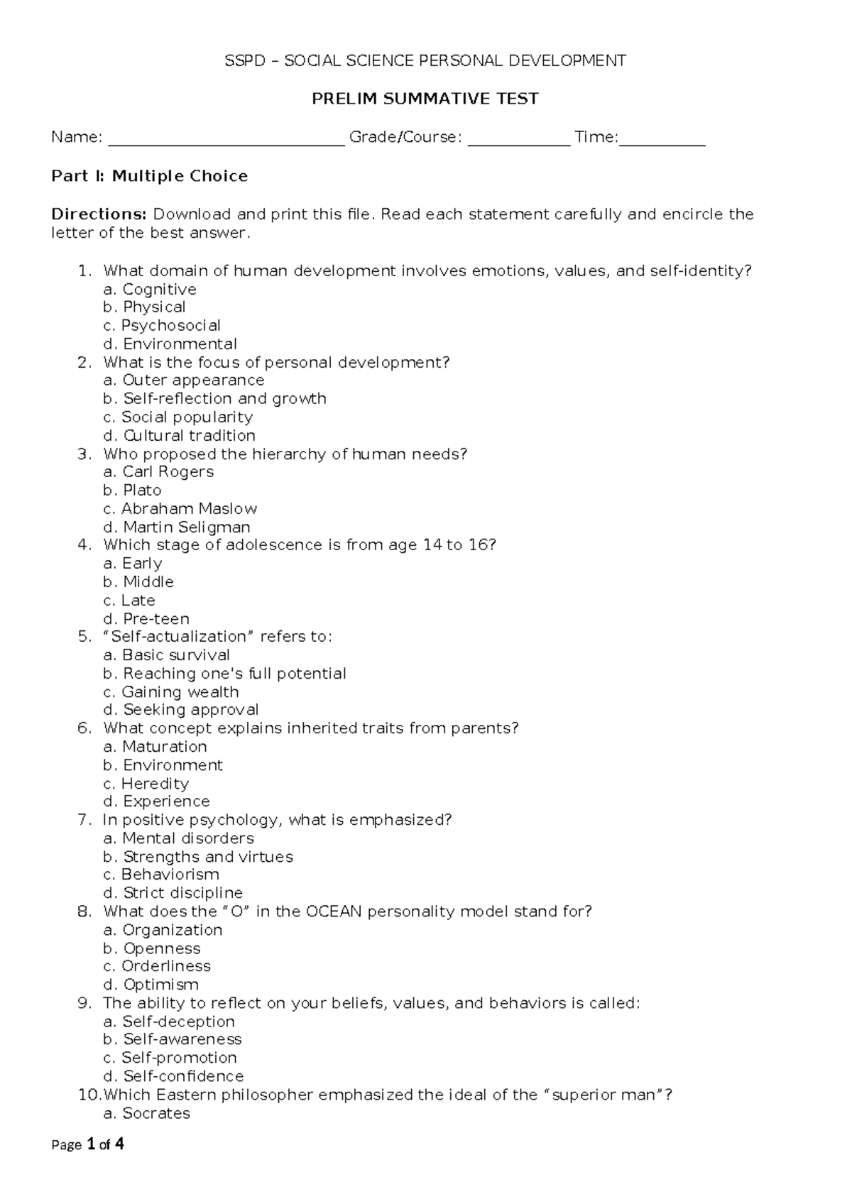SSPD SOCIAL SCIENCE PERSONAL DEVELOPMENT PRELIM SUMMATIVE TEST - Studocu