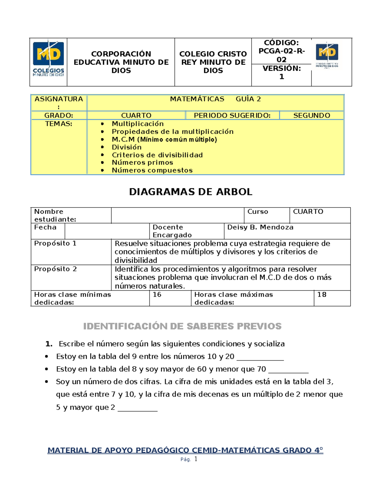 Guía 2 de Matemáticas II: Multiplicación y División - 4° Período - Studocu